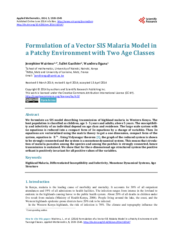 (PDF) Formulation of a Vector SIS Malaria Model in a Patchy Environment ...