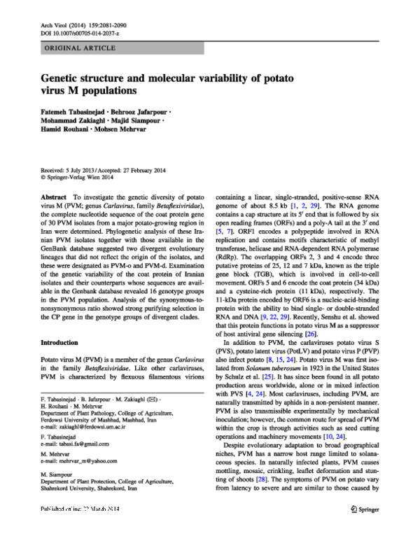 (PDF) Genetic structure and molecular variability of potato virus M ...