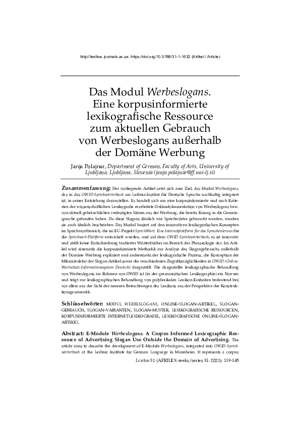 (PDF) Das Modul Werbeslogans. Eine korpusinformierte lexikografische ...