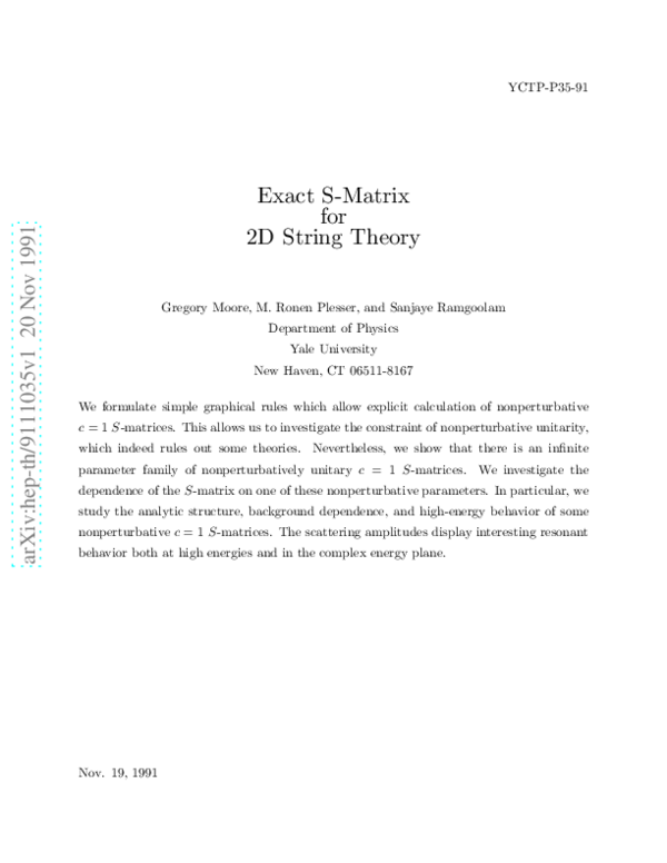 (PDF) Exact S-matrix for two-dimensional string theory