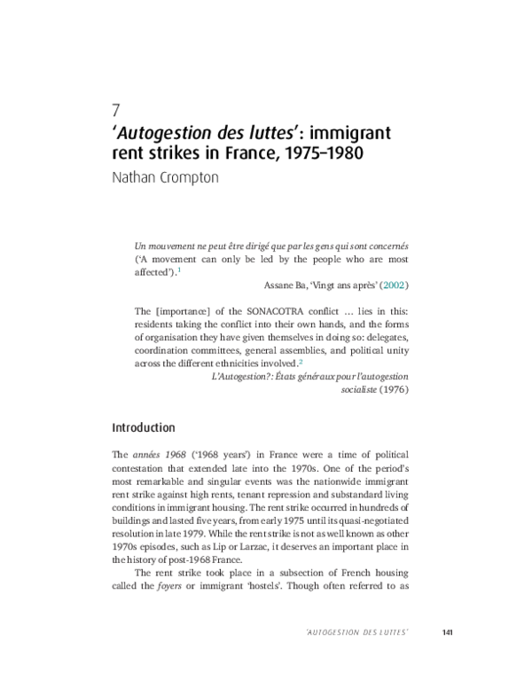 (PDF) 'Autogestion des luttes': Immigrant rent strikes in France, 1975–1980