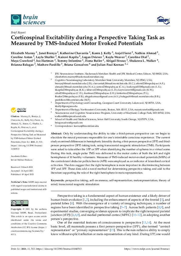 (PDF) Corticospinal Excitability during a Perspective Taking Task as ...