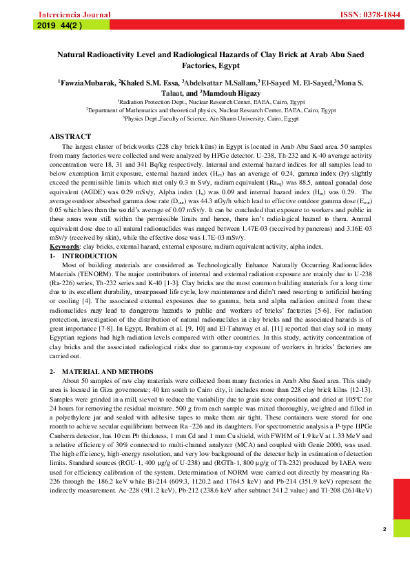 (PDF) Natural Radioactivity Level and Radiological Hazards of Clay ...