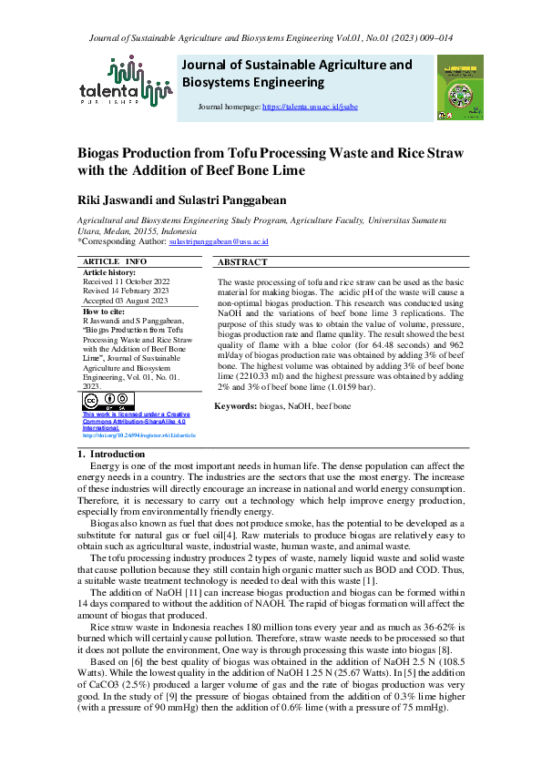 (PDF) Biogas Production from Tofu Processing Waste and Rice Straw with ...