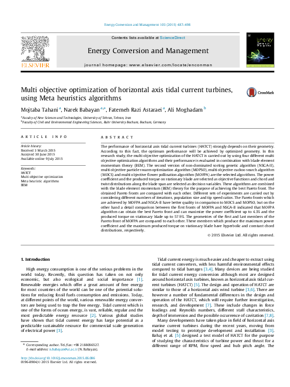 (PDF) Multi objective optimization of horizontal axis tidal current ...