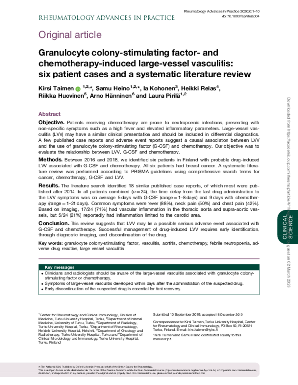 (PDF) Granulocyte colony-stimulating factor- and chemotherapy-induced large-vessel vasculitis ...