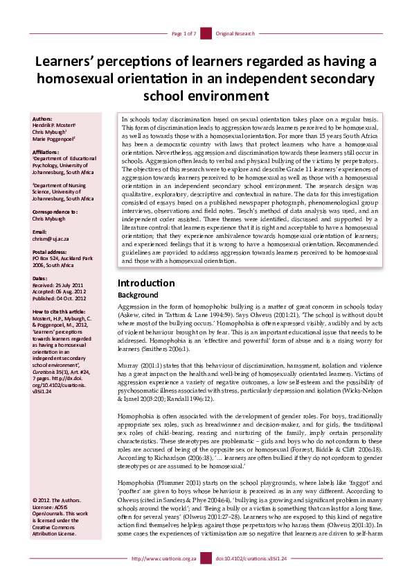 (PDF) Learners’ perceptions of learners regarded as having a homosexual ...