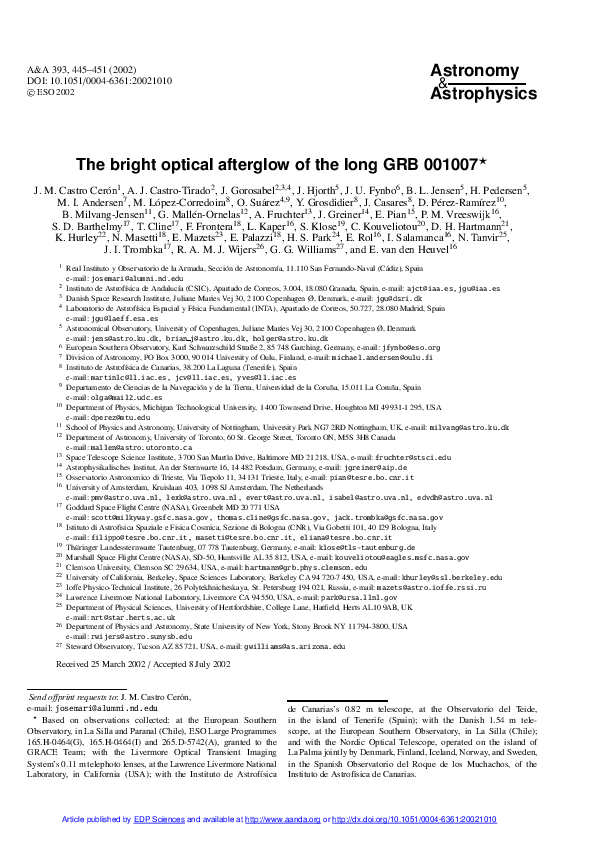 (PDF) The bright optical afterglow of the long GRB 001007
