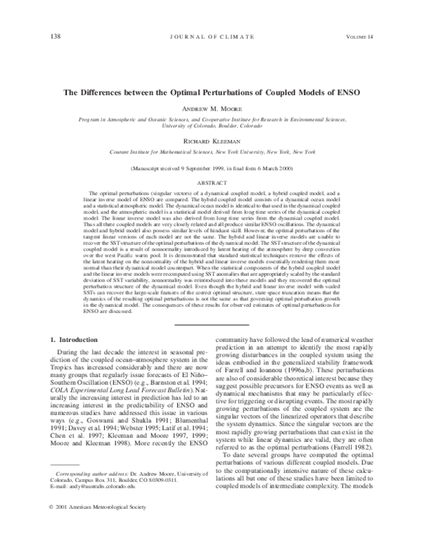 (PDF) The Differences between the Optimal Perturbations of Coupled Models of ENSO