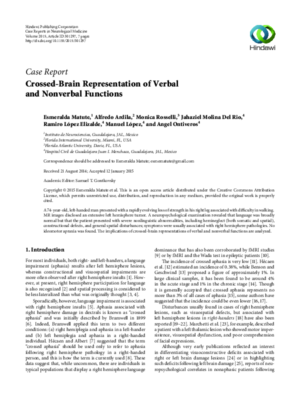 (PDF) Crossed-Brain Representation of Verbal and Nonverbal Functions