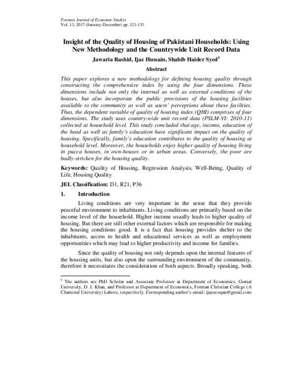(PDF) Insight of the Quality of Housing of Pakistani Households: Using ...