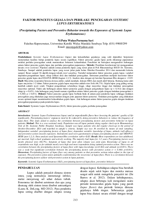 (PDF) Faktor Pencetus Gejala dan Perilaku Pencegahan Systemic Lupus ...