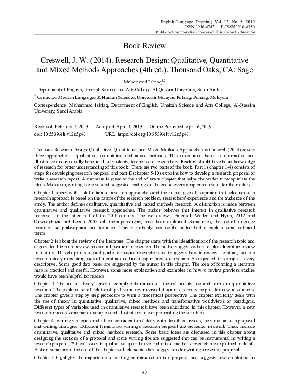 (PDF) Book Review Creswell, J. W. (2014). Research Design: Qualitative ...