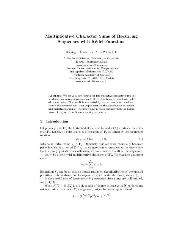 (PDF) Multiplicative Character Sums of Recurring Sequences with Rédei ...
