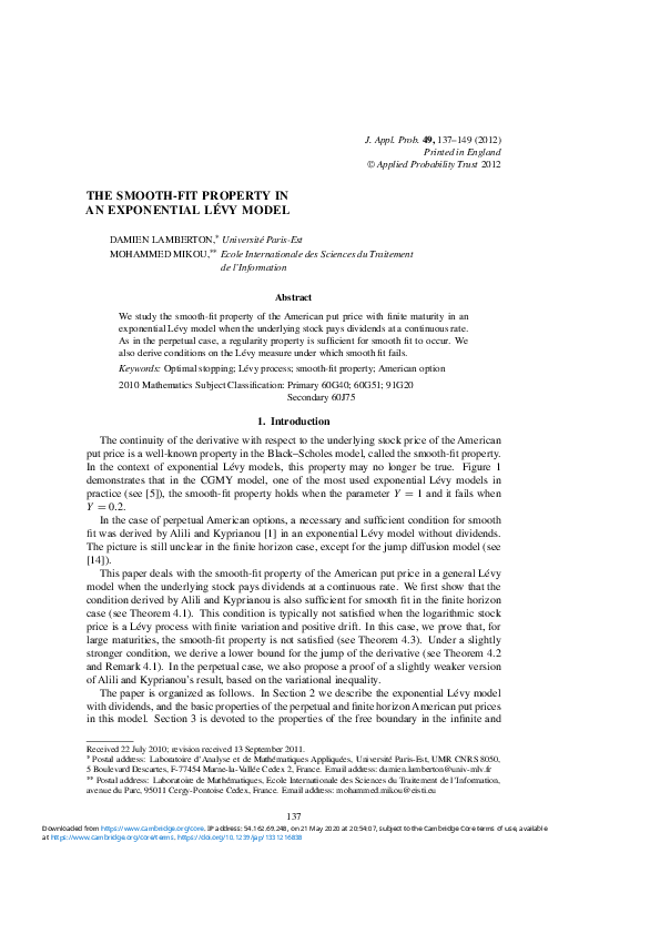 (PDF) The Smooth-Fit Property in an Exponential Lévy Model