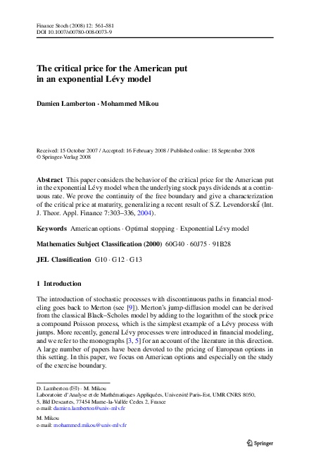 (PDF) The critical price for the American put in an exponential Lévy model