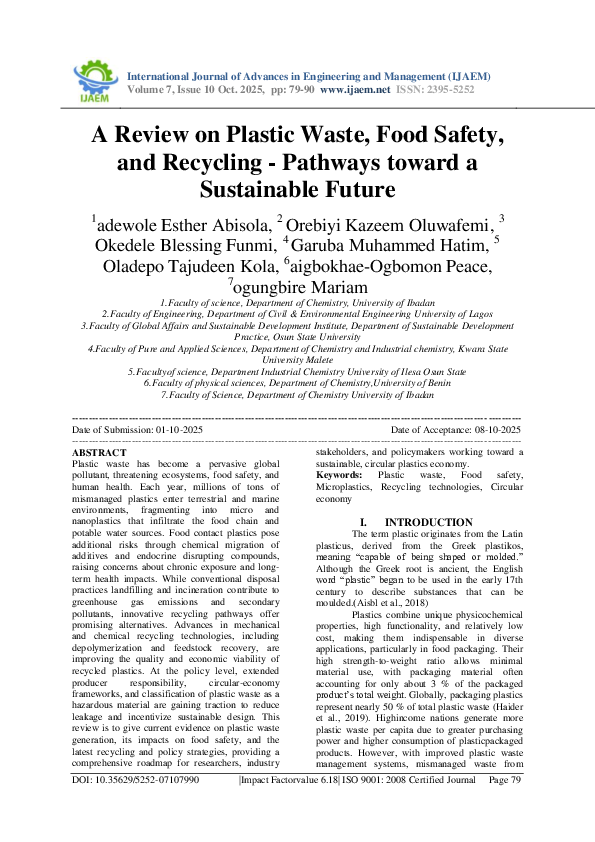(PDF) A Review on Plastic Waste, Food Safety, and Recycling -Pathways ...