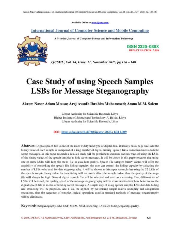 (PDF) Case Study of using Speech Samples LSBs for Message Steganography