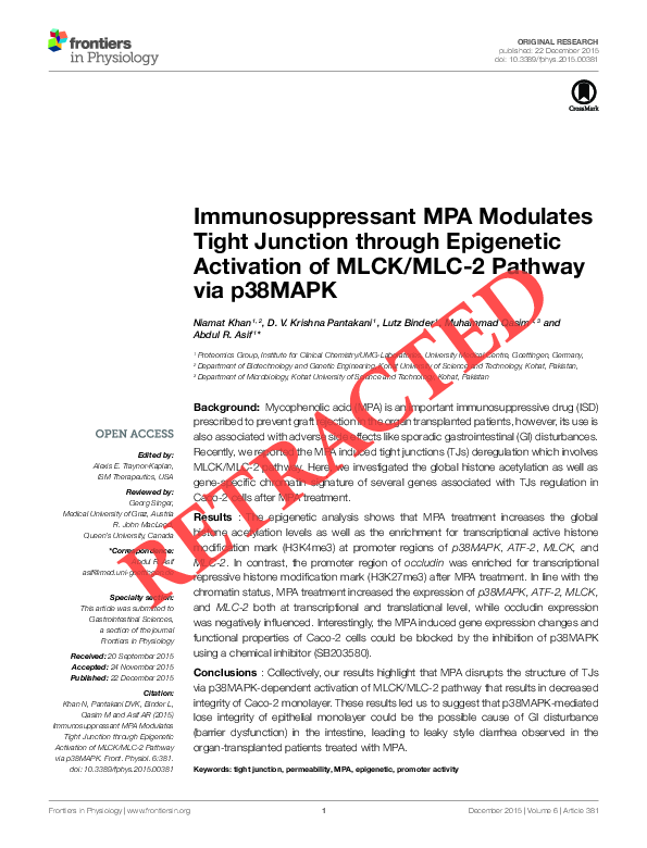 (PDF) Immunosuppressant MPA Modulates Tight Junction through Epigenetic ...