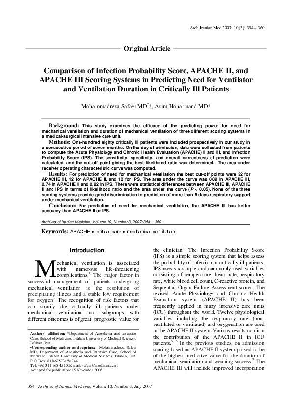 (PDF) Comparison of infection probability score, APACHE II, and APACHE ...