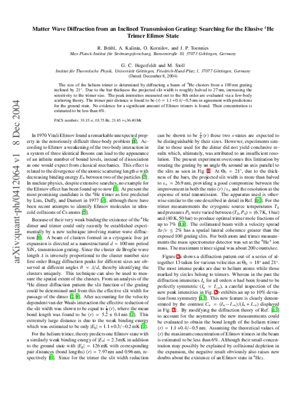 (PDF) Matter Wave Diffraction from an Inclined Transmission Grating ...