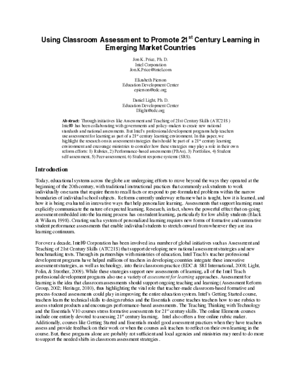 (PDF) Using Classroom Assessment to Promote 21st Century Learning in ...