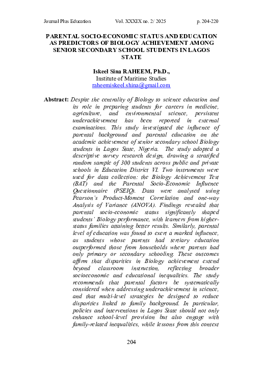 (PDF) PARENTAL SOCIO-ECONOMIC STATUS AND EDUCATION AS PREDICTORS OF ...