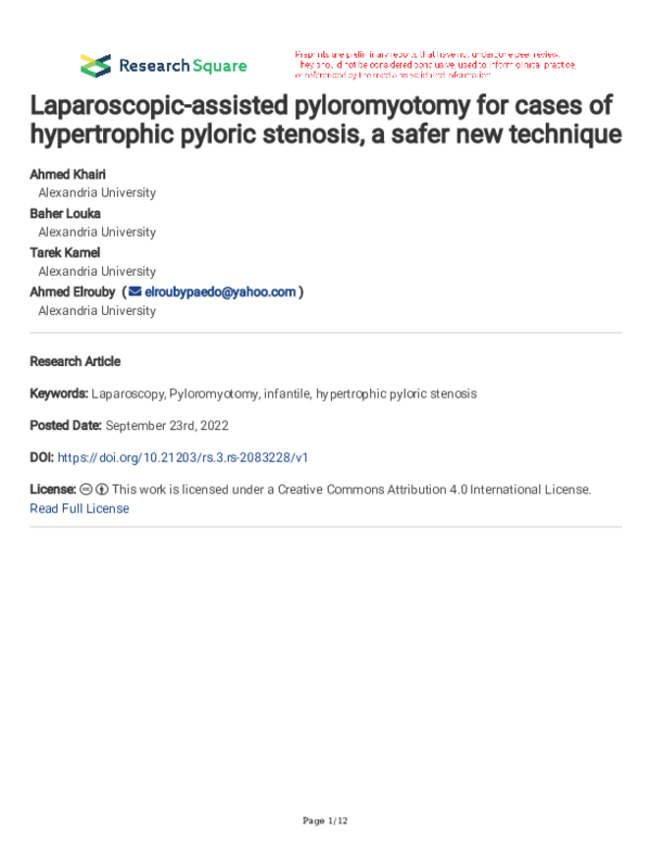 (PDF) Laparoscopic-assisted pyloromyotomy for cases of hypertrophic ...