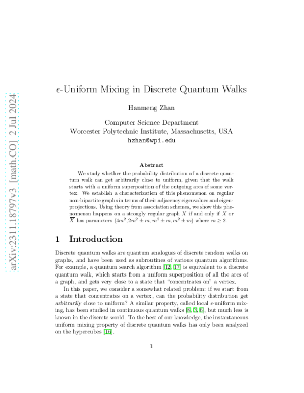 (PDF) $\epsilon$-Uniform Mixing in Discrete Quantum Walks