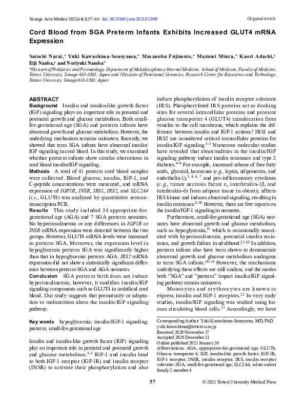 (PDF) Cord Blood from SGA Preterm Infants Exhibits Increased GLUT4 mRNA ...