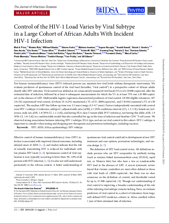 (PDF) Control of the HIV-1 Load Varies by Viral Subtype in a Large ...