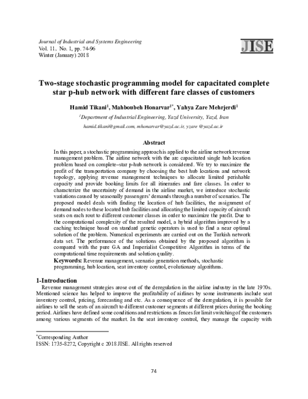 (PDF) Two-stage stochastic programming model for capacitated complete star p-hub network with ...