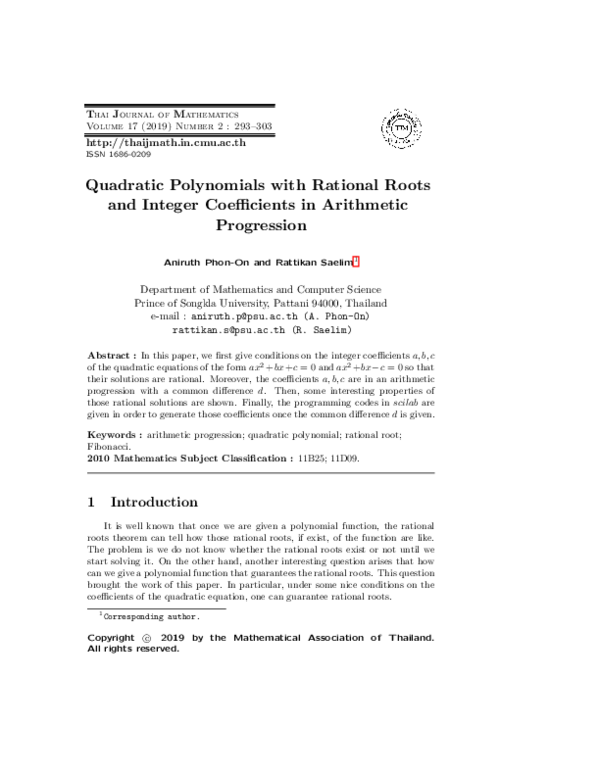(PDF) Quadratic Polynomials with Rational Roots and Integer ...