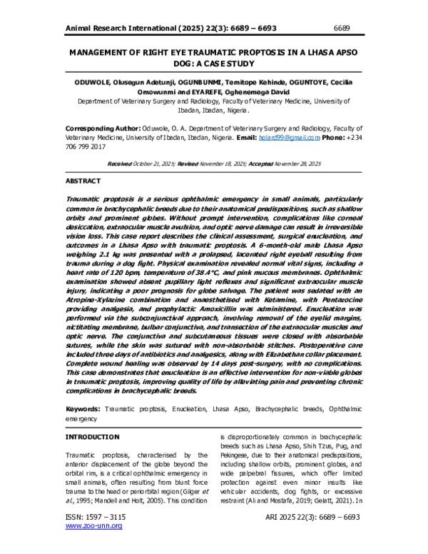 (PDF) MANAGEMENT OF RIGHT EYE TRAUMATIC PROPTOSIS IN A LHASA APSO DOG ...