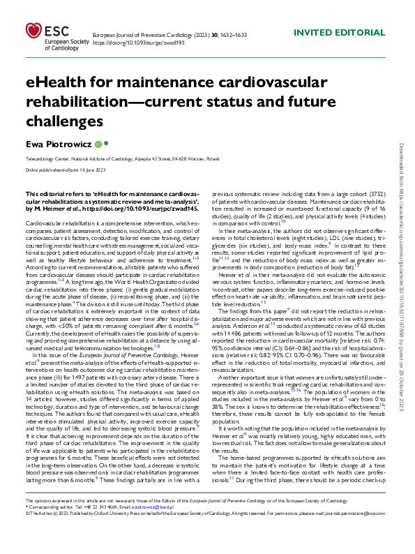 (PDF) eHealth for maintenance cardiovascular rehabilitation—current ...