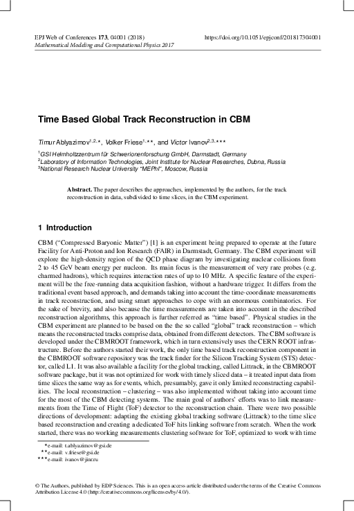 (PDF) Time Based Global Track Reconstruction in CBM