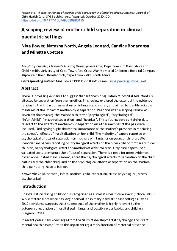 (PDF) A scoping review of mother–child separation in clinical paediatric settings
