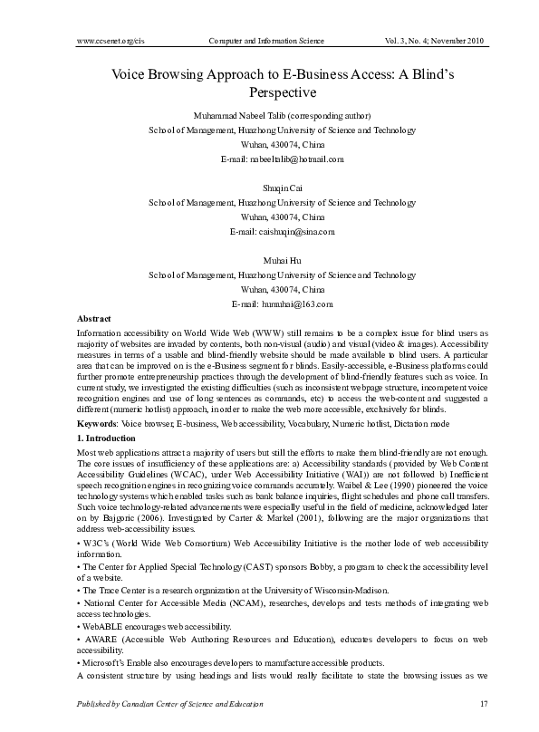 (PDF) Voice Browsing Approach to E-Business Access: A Blind’s Perspective