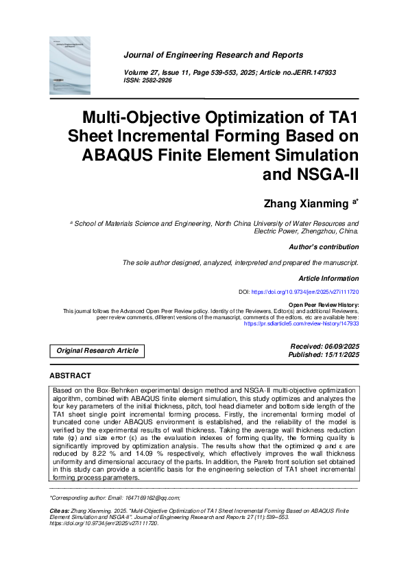 (PDF) Multi-Objective Optimization of TA1 Sheet Incremental Forming ...