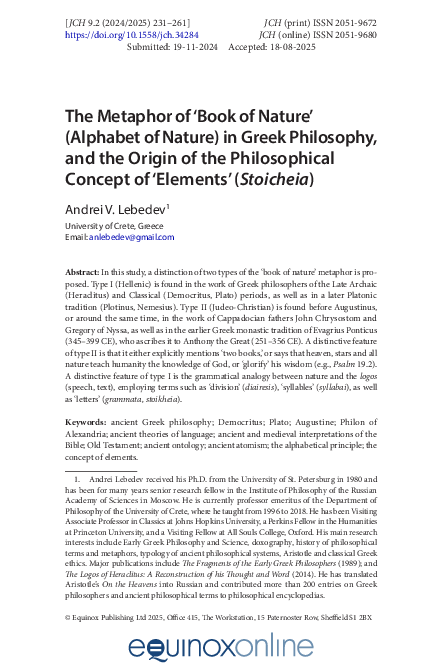 (PDF) The Metaphor of 'Book of Nature' (Alphabet of Nature) in Greek ...