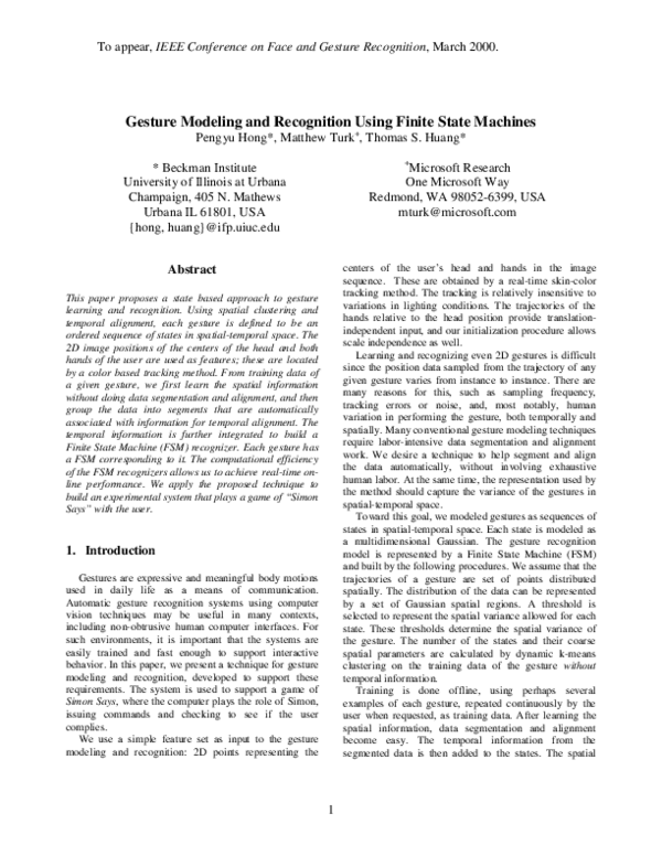 (PDF) Gesture modeling and recognition using finite state machines