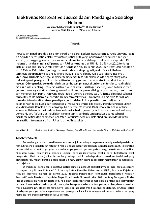 (PDF) Efektivitas Restorative Justice dalam Pandangan Sosiologi Hukum