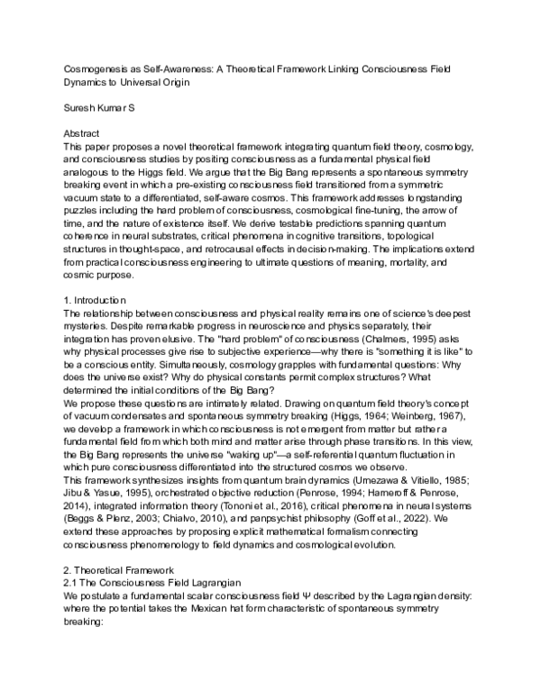 (PDF) Cosmogenesis as Self-Awareness: A Theoretical Framework Linking ...
