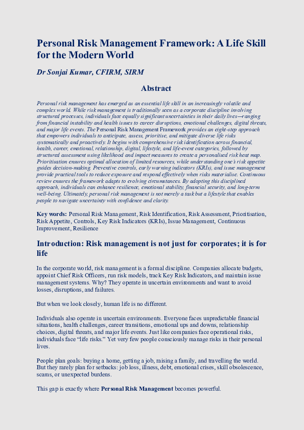 (PDF) Personal Risk Management Framework: A Life Skill for the Modern World