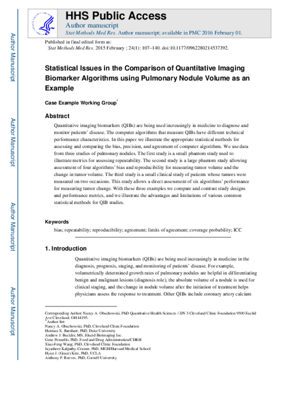 (PDF) Statistical issues in the comparison of quantitative imaging ...