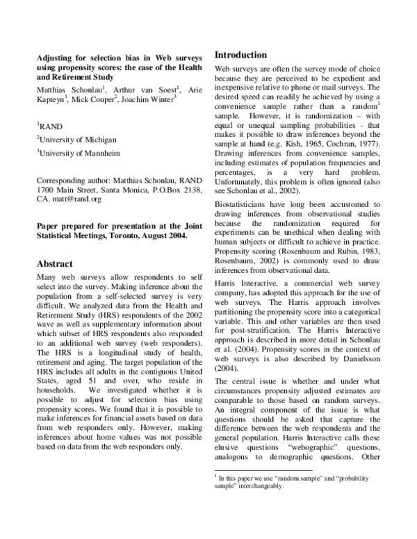 (PDF) Adjusting for selection bias in Web surveys using propensity scores: the case of the ...