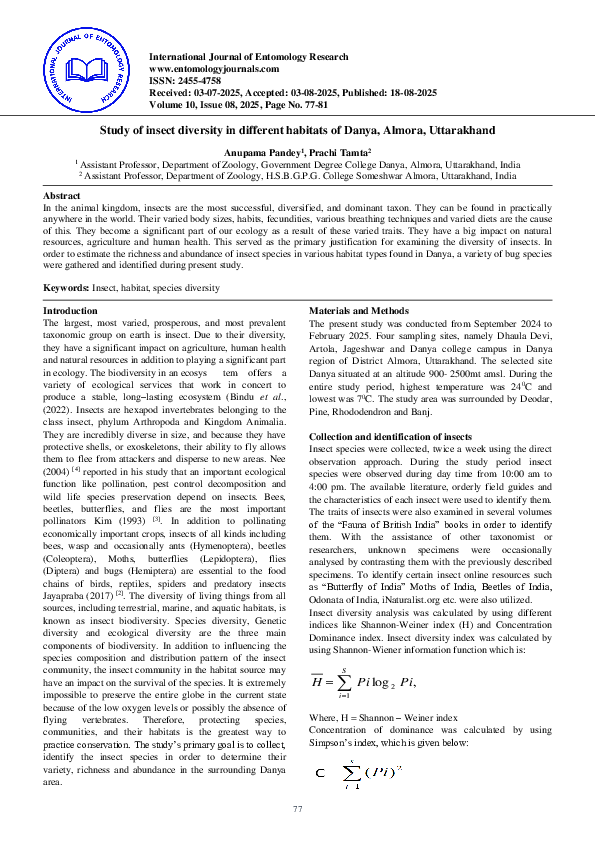 (PDF) Study of insect diversity in different habitats of Danya, Almora ...