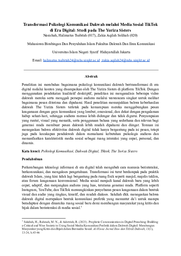(PDF) Transformasi Psikologi Komunikasi Dakwah melalui Media Sosial TikTok di Era Digital: Studi ...