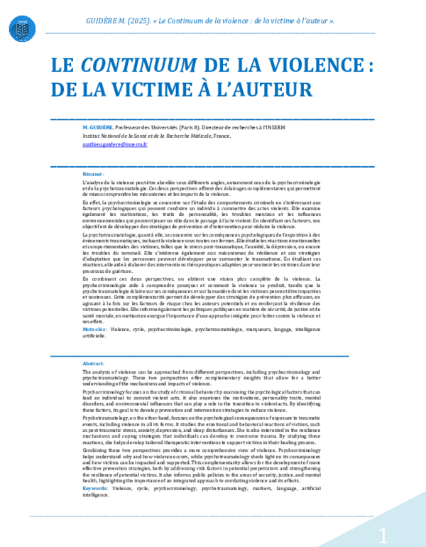 (PDF) LE CONTINUUM DE LA VIOLENCE : DE LA VICTIME À L'AUTEUR