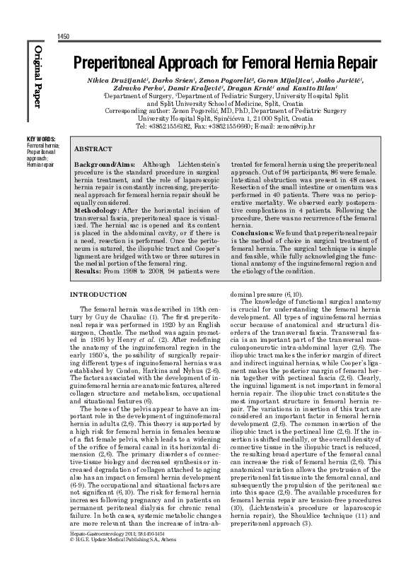 (PDF) Preperitoneal approach for femoral hernia repair
